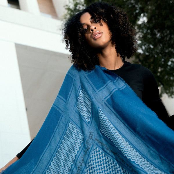 BLUE MERINO WOOL & SILK IBN BATTUTA KEFFIYEH – SEP Suisse